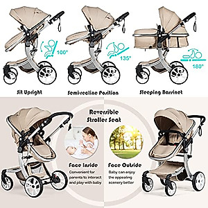 BABY JOY 2-in-1 High Landscape Baby Stroller, Reversible Bassinet Reclining Stroller, Foldable Push Chair w/Adjustable Canopy, Storage Bag, Foot Cover, Rain Cover & Net, Aluminum Alloy Frame (Beige)