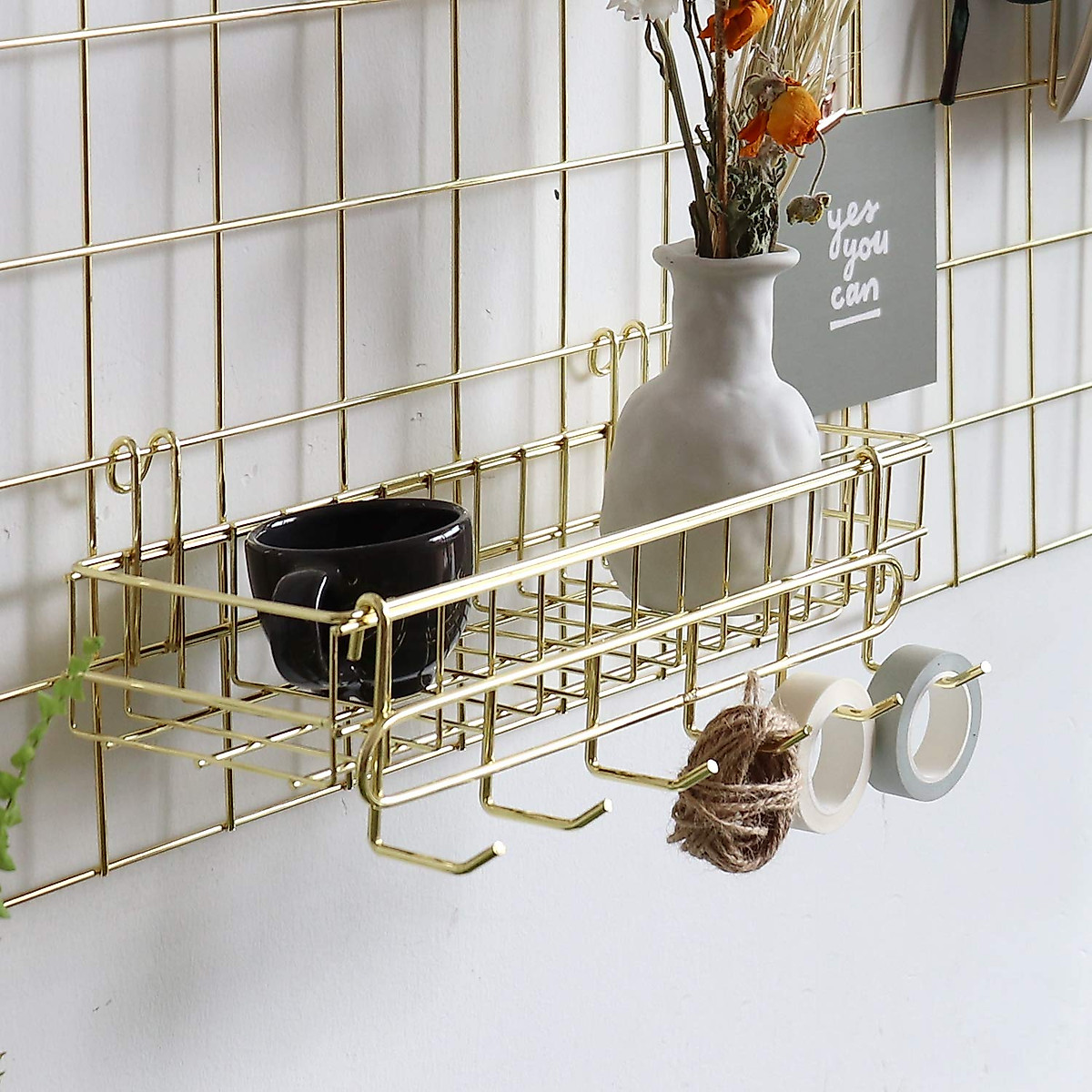 FRIADE Wall Grid Panel for Photo Display,Wall Storage Organizer,5 Metal Clips & 3 S Hooks & 4 Nails & 4 Plastic Hanging Buckles and 4 Screws Offered,Size 17.5" x 11.8",2 Pack(Gold)