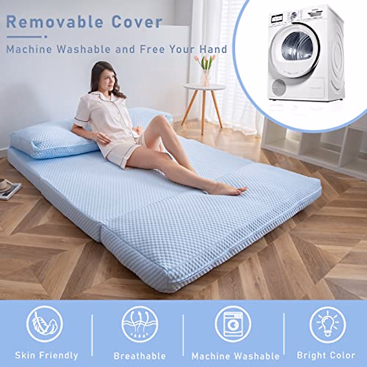 MAXYOYO Cooling Mattress, Single Floor Sofa Bed with Foam Filling, Foldable Faux Fur Cover, Blue, 30x95 Inch, Helps Hot Sleepers