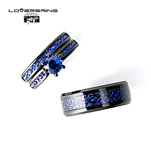 LOVERSRING Couple Ring Bridal Sets His Hers 10k Black Gold Filled Blue Cz Stainless Steel Wedding Ring Band Set