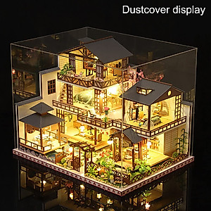 Yuzhen DIY Miniature Dollhouse Kit with Furniture and LED Lights, Japanese Wooden Dollhouse Includes Dustcover and Music Box, Collectibles for Hobbies
