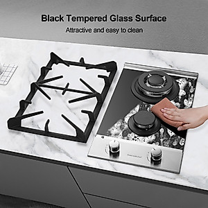 Eascookchef 2 Burner Propane Gas Cooktop, 12 inch LPG/NG Dual Fuel Built-in Gas Stove Top, Black Tempered Glass Gas Stove, Gas Hob for Apartment, Outdoor, RV, With Thermocouple Protection