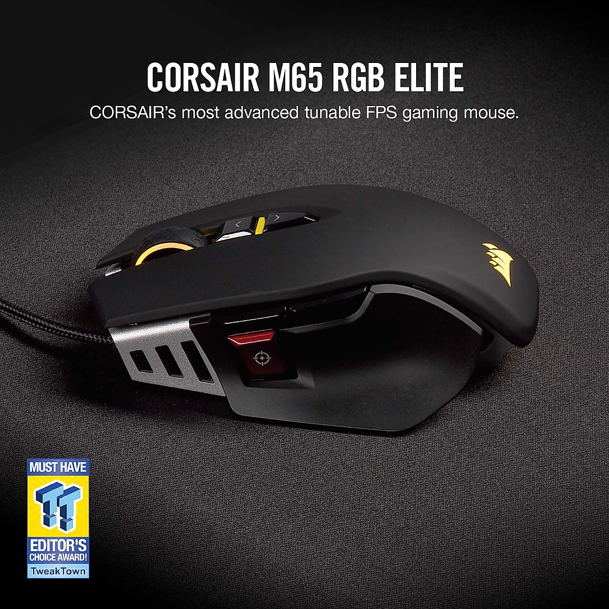 Corsair M65 RGB Elite – Wired FPS and MOBA Gaming Mouse – Adjustable Weight and Balance – Durable Aluminum Frame – 18,000 DPI Optical Sensor , Black