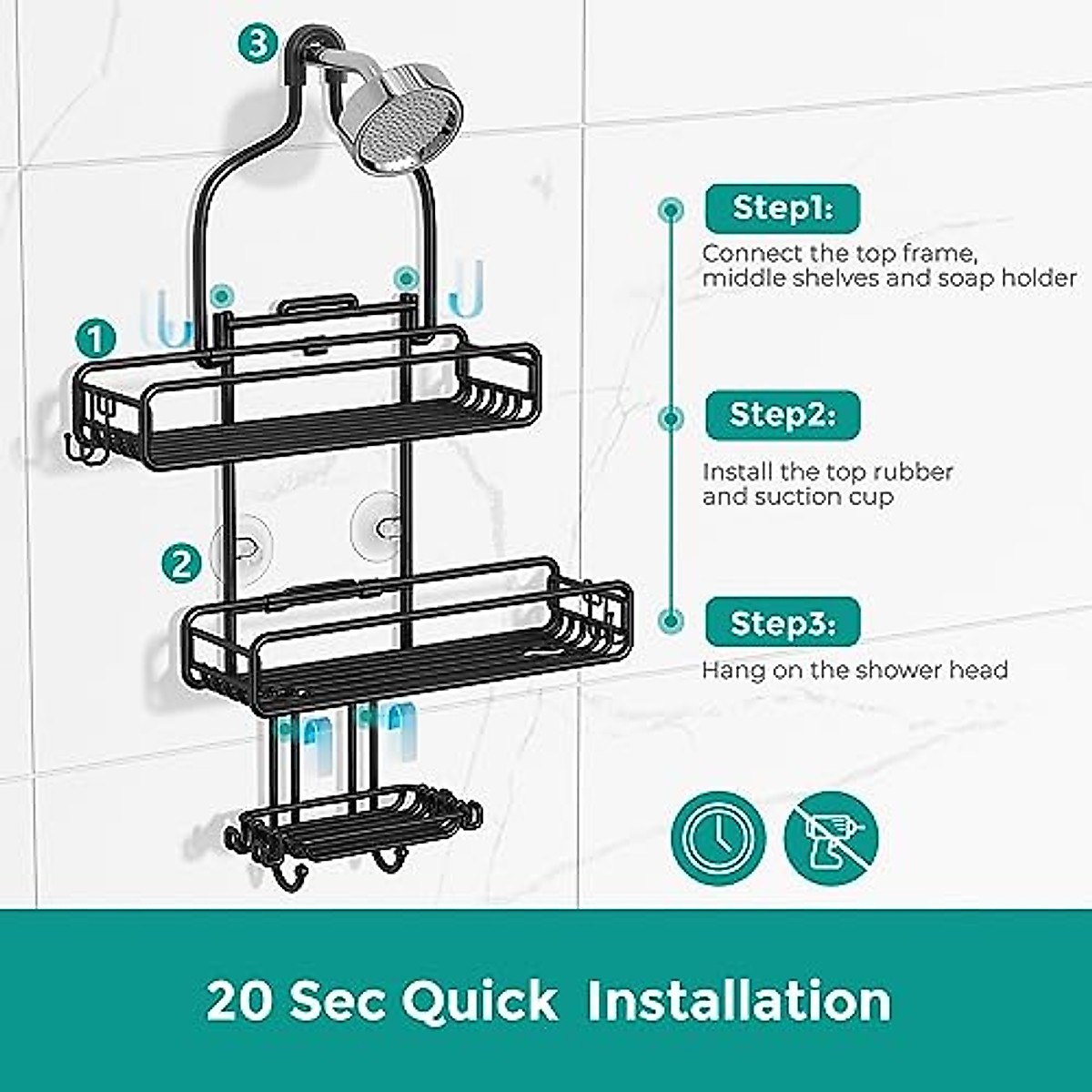 HAMITOR Adjustable Large Shower Organizer with Soap Holder - Rust Proof Bathroom Shelf Shampoo Storage Rack with 3-Tier Baskets - 4 Movable Hooks for Razor Loofah Black