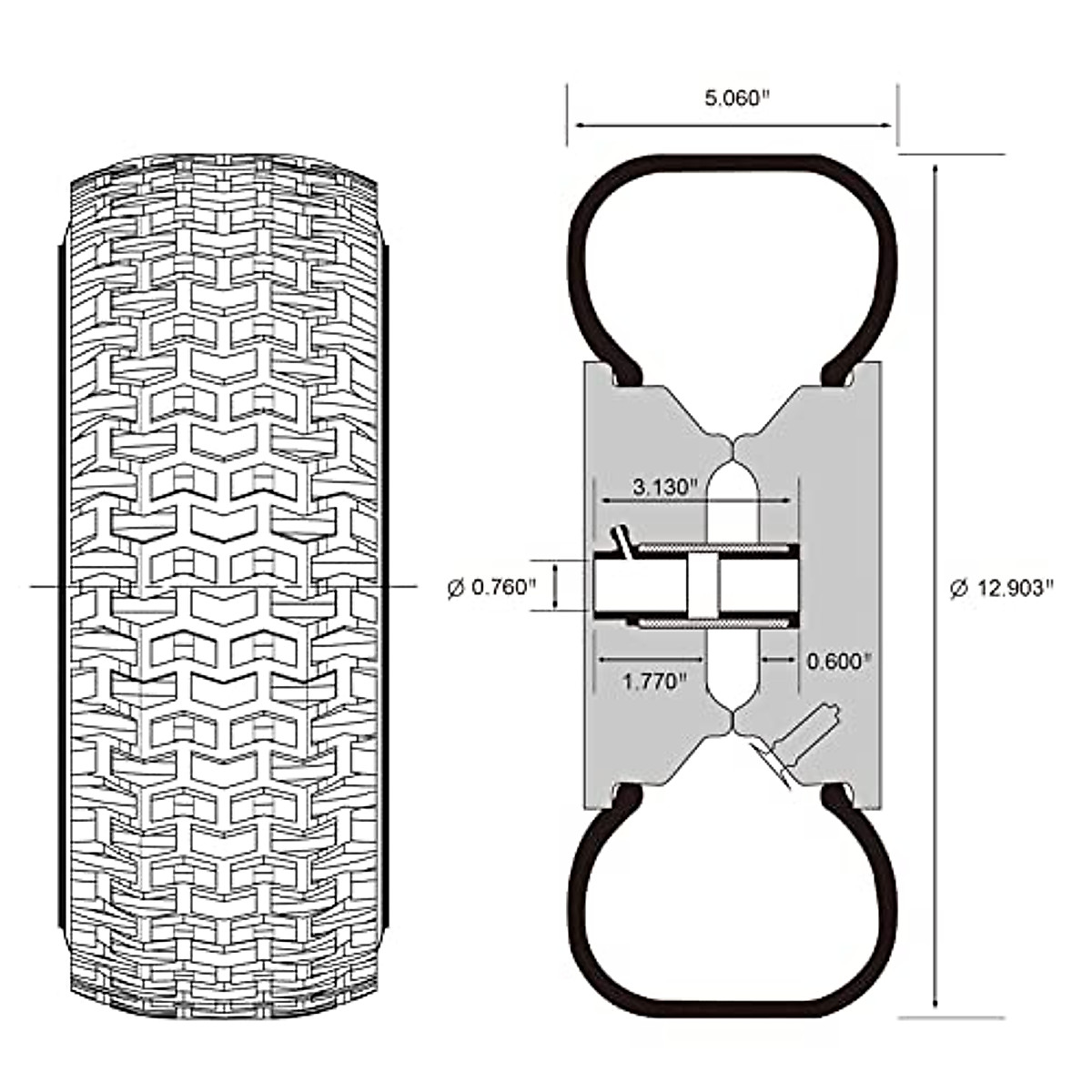2 Pack 13x5.00-6 Lawn Tractor Pneumatic wheel,Wheelbarrow tire Turf Tread,3.13" hub length with steel rim,Flange ID 0.76''
