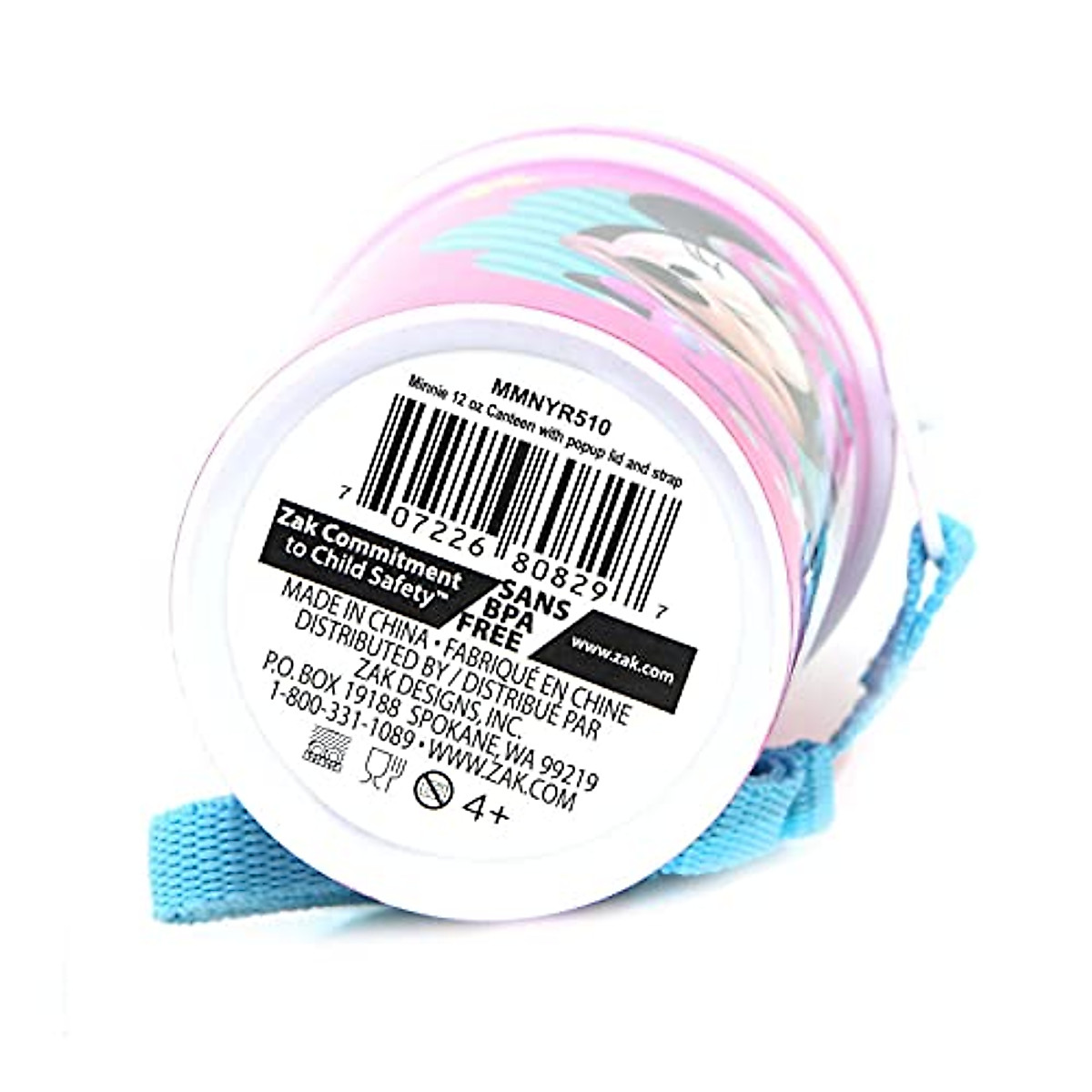 Zak Designs Disney Classic Minnie Carrying Strap One Touch Water Bottles with Reusable Built in Straw - Safe Approved BPA Free, Easy to Clean (Minnie Canteen 16.9oz)