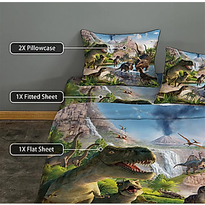 NiuOne 4Pcs Dinosaurs Bed Sheets Set Full for Boys 3D Realistic Dinosaur Green Fitted Sheets Set Ancient Dinosaur Theme Kids/Adults/Teens Bedroom Bedding Sheet Set,Full Size