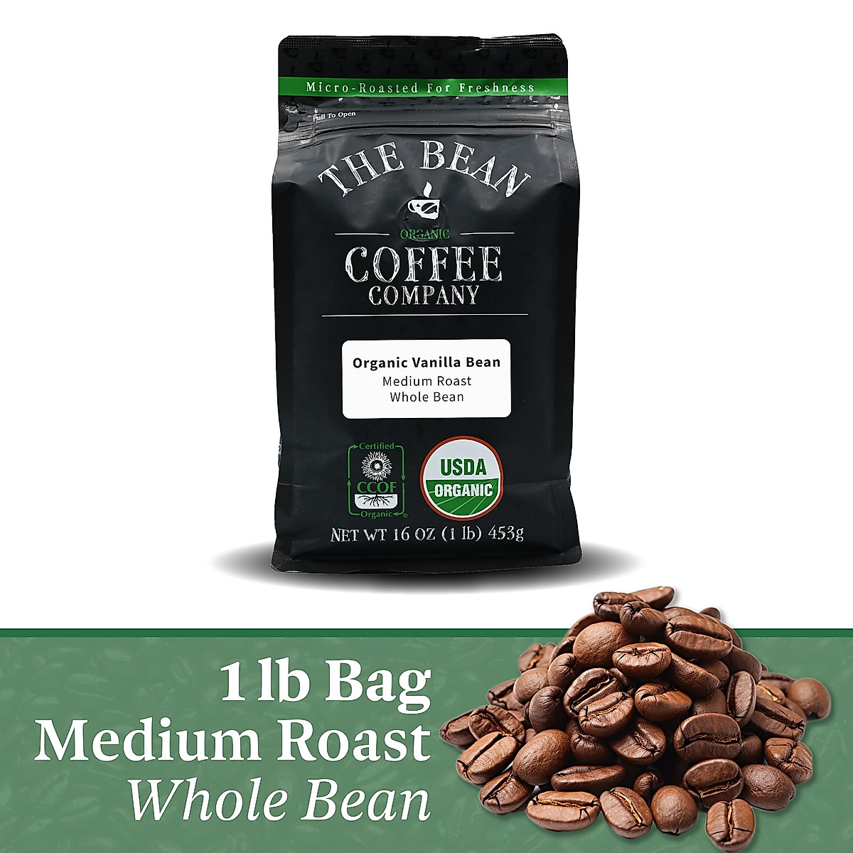 The Bean Organic Coffee Company Vanilla Bean, Medium Roast, Whole Bean Coffee, 16-Ounce Bag