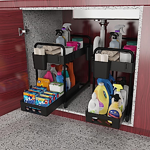 Botion 2 Pack Double-Layer Under Sink Organizer for Efficiently Utilizing Space, High Capacity and Space Saving, 2 Tier Sliding Under Sink Shelf with 4 Hooks and a Cup Slot(Black)