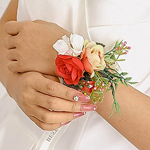 Campsis Wedding Bridal Handmade Wrist Flower Corsage Red Leave Ribbon Hand Flower Bride Bridesmaid Wristlet for Prom Party Beach Photography 2PCS