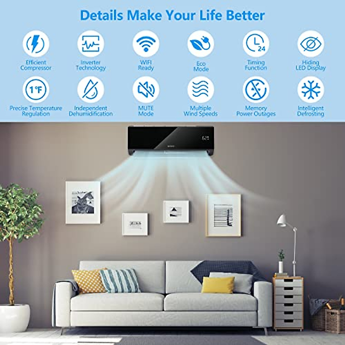 ROVSUN Wifi Enabled 12,000 BTU Mini Split AC/Heating System with Inverter, 19 SEER 115V Energy Saving Ductless Split-System Air Conditioner with Pre-Charged Condenser, Heat Pump & Installation Kit (Black Series)