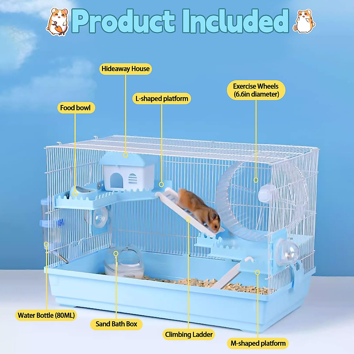 kathson Hamster Cages and Habitats Large Gerbil Cage with Accessories Hut Exercise Wheel Water Bottle Bowl Bathtub Small Animal Basic Cage for Syrian Hamster，3- Levels，22" L x 12.5" W x 14" H，Blue