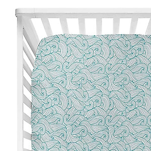 Turquoise Fitted Crib Sheet,Ocean Themed Waves Abstract Swirls Curlicues Lines Ornamental Vintage Summer Microfiber Silky Soft Toddler Mattress Sheet Fitted,28"x 52"x 8'',Baby Sheet for Boys Girls