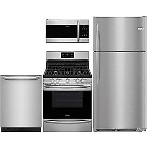 Frigidaire 4 Piece Kitchen Appliance Package with FGTR1837TF 30 Top Freezer Refrigerator FGGF3036TF 30 Gas Range FGMV176NTF 30 Over the Range Microwave and FGID2476SF 24 Built In Fully Integrated Dishwasher in Stainless Steel