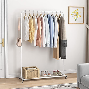 Sywhitta Clothes Rack on wheels, Clothing Rack with Bottom Mesh Storage Shelf,Sturdy Metal Frame,Rolling Garment Rack for Hanging Clothes,Coats,Skirts,39.76" L x 16" W x 64.56" H,White