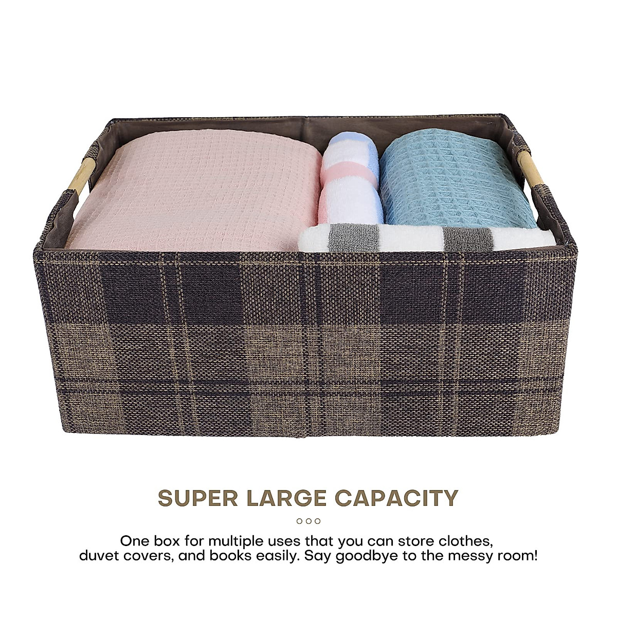 ANMINY 2PCS Storage Bins Set Foldable Cotton Linen Open Storage Baskets Box with Wood Handles Decorative Shelf Closet Clothes Towel Laundry Organizer Container - Medium, Coffee Plaid