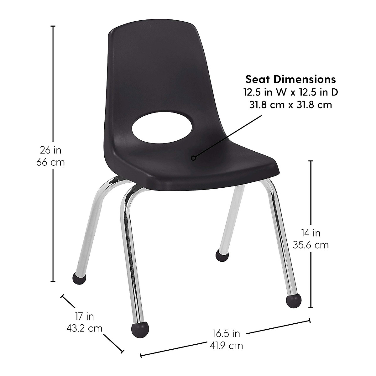 FDP 14" School Stack Chair, Stacking Student Seat with Chromed Steel Legs and Ball Glides; for in-Home Learning or Classroom - Black (4-Pack), 10380-BK
