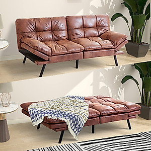 Maxspeed Sofa Bed Couch, Memory Foam Futon Sofa Bed with Mattress and Frame Included,Comfortable Brown Faxu Leather Loveseat Sleeper Sofa for Dorm Apartment Office College Small Space Bedroom