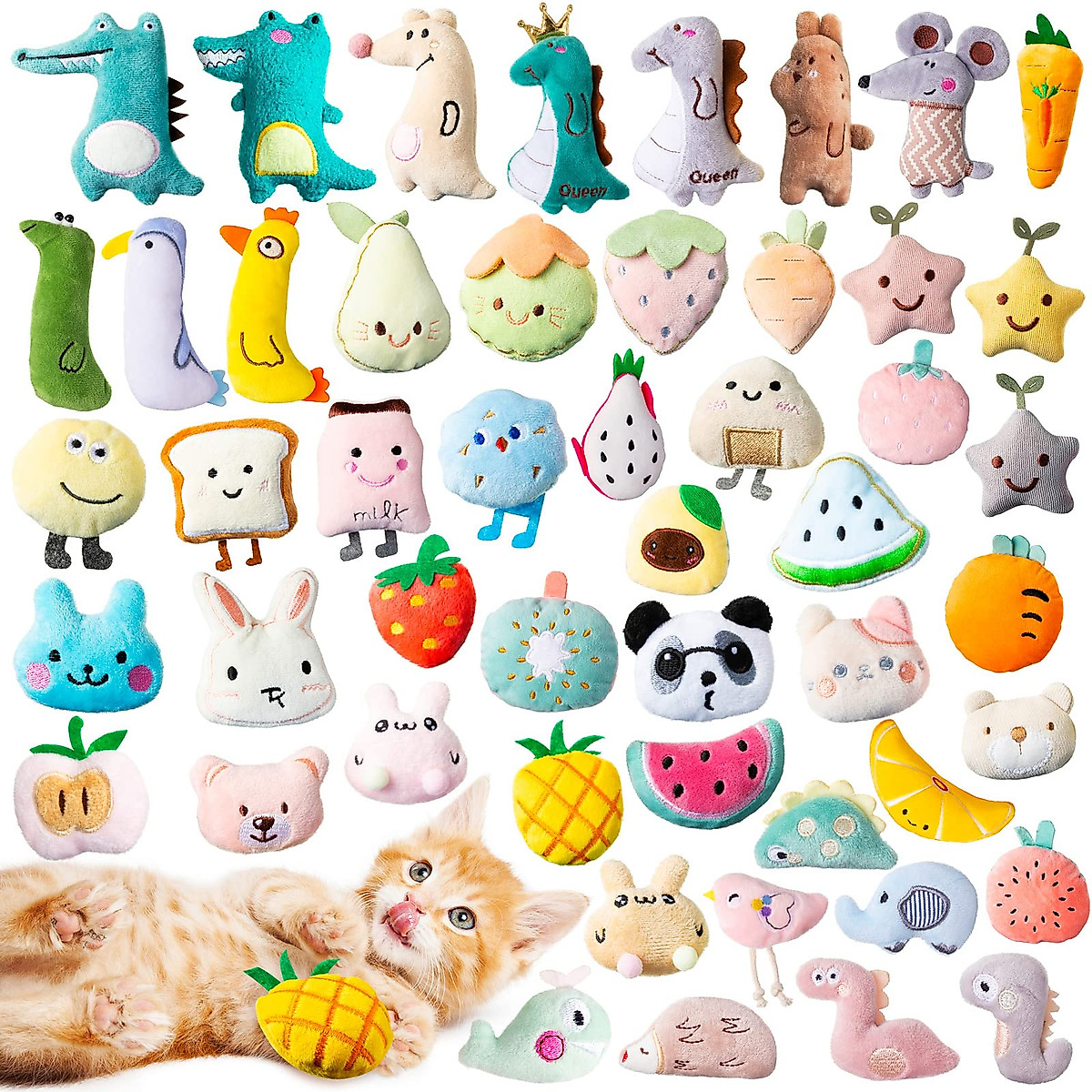 Jadive 50 Pcs Catnip Toys for Indoor Cat Plush Cats Toys Bulk Interactive Catnip Filled Kitten Toys Cat Chew Toy Pet Cats Supplies