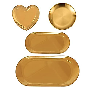 JKanruh 4 Pack Gold Stainless Steel Towel Tray,Storage Tray,Tea Tray Fruit Trays,Decorative Tray,Jewelry Dish Cosmetics Organizer(Oval,Heart-Shaped,Round)