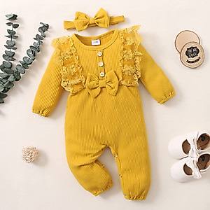 SOLOYEE 0-3 Months Baby Girl Clothes Cute Long Sleeve One Piece Infant Romper with Headband