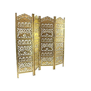 Deco 79 Wooden Scroll Handmade Partition Room Divider Screen Hinged Foldable Partition 4 Panel Privacy Screen with Carved Elephant Accents, Room Partition 80" x 1" x 72", Gold
