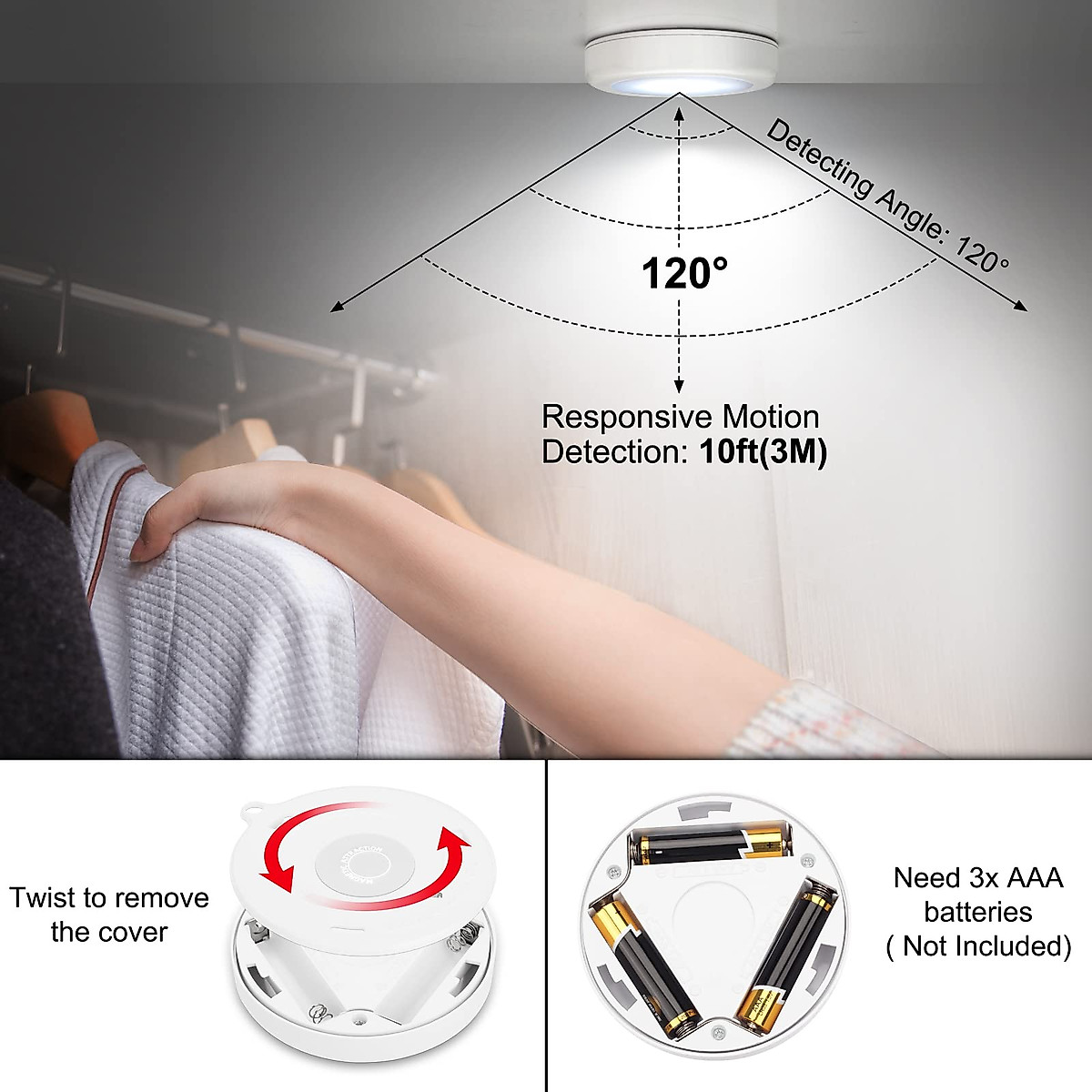 Mlambert 4 Pack Motion Sensor LED Night Light, Non-Fall Cordless Battery-Powered Wall Light, Stick-on Magnet Closet Lights, Safe Lights for Stairs, Hallway, Kitchen, Cabinet, White