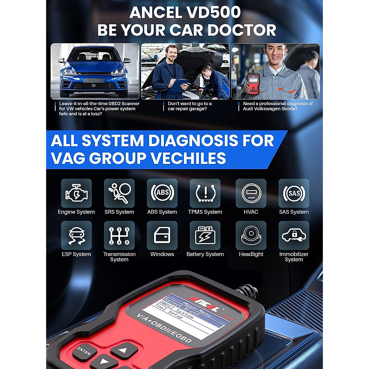 ANCEL VD500 OBD II Diagnostic for VAG Engine EPB ABS SRS Code Reader Oil Throttle Position Adaption Brake Reset with ANCEL BST200 12V Car Battery Load Tester