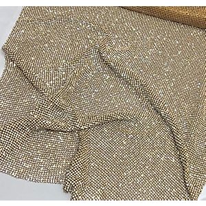 Creativesugar Craft Material Metal Sequin Mesh Fabric Cuttable for Clothing Bag Making Party Shoes Decorations (Gold Rhinestones)