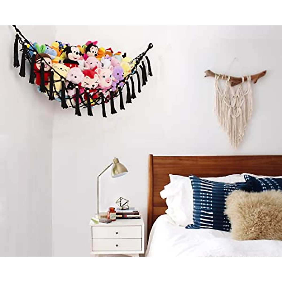 MAKEONEWO Stuffed Animal Toy Hammock Hanging- Macrame Toy Hammock with Tassels-Stuff Animals Organizer Storage Boho Large Corner Plush Toys Net Holder for Nursery, Play Room, Kids Bedroom (Black), 1 Pack