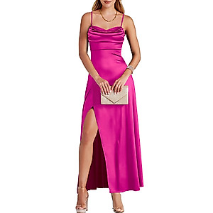 ANRABESS Women Formal Satin Spaghetti Strap Cowl Neck Bodycon Slit Prom Cocktail Maxi Dress Evening Party Rose X-Large