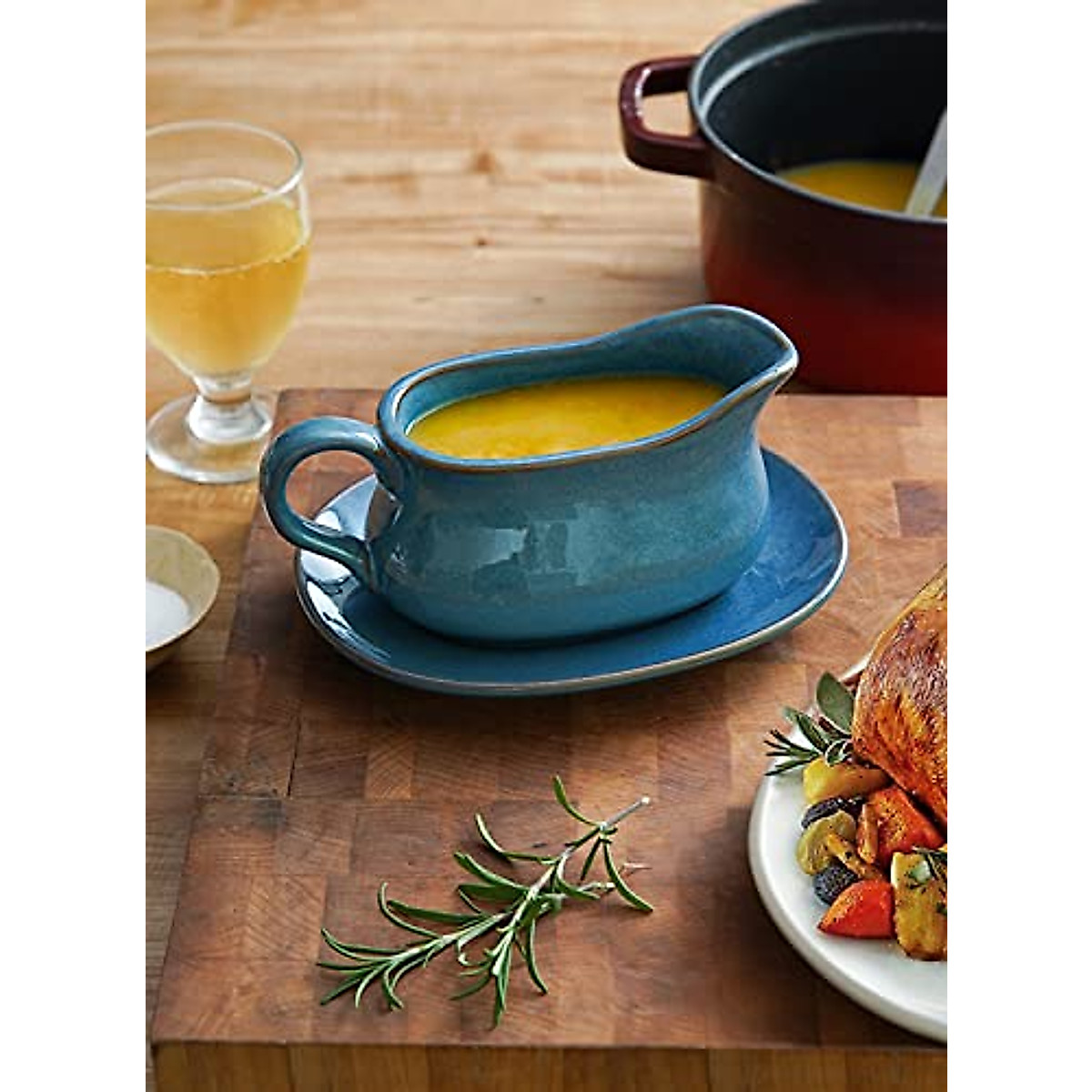 LE TAUCI 17oz Gravy Boat with Saucer Stand, Set of 1, Ceramic Sauce Boat with Tray for Salad Dressings, Creamer, Broth, Black Pepper, Ceylon blue