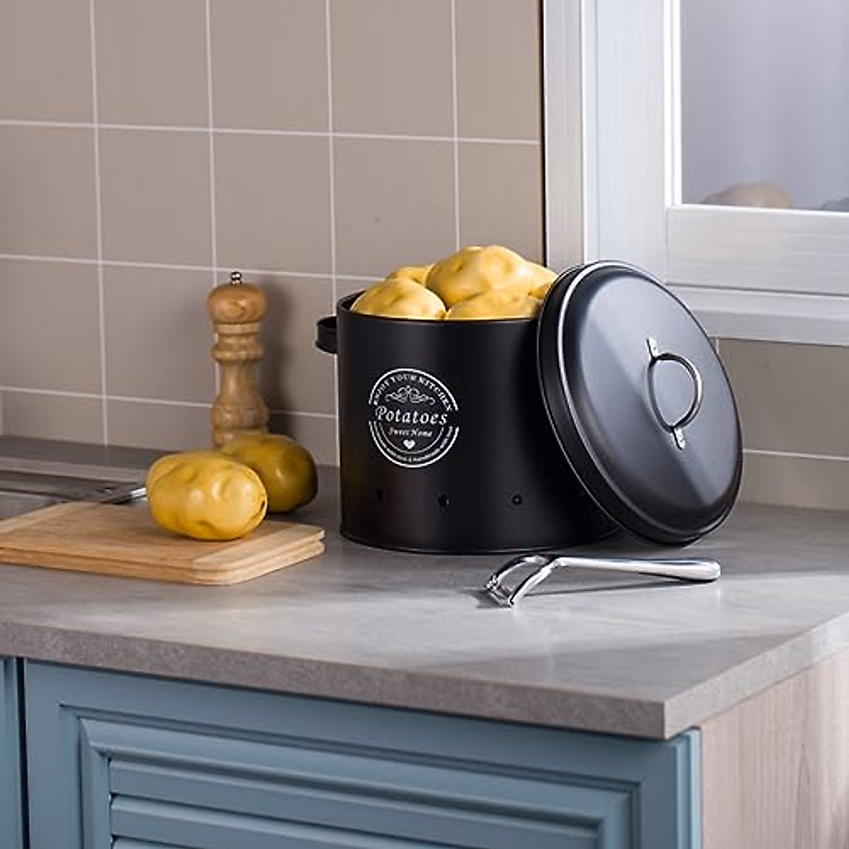 Easnea Potato, Onion & Garlic Kitchen Storage Canisters, Kitchen Vegetable Storage Tins, Rustic Farmhouse Containers, Kitchen Pantry Organizer Tin for Counter Home Kitchen (Black L)