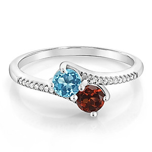Gem Stone King 10K White Gold Forever United 2 Stone Swiss Blue Topaz and Red Garnet and Diamond Engagement Ring For Women (0.87 Cttw, Round, Avaiable in Size 5,6,7,8,9)