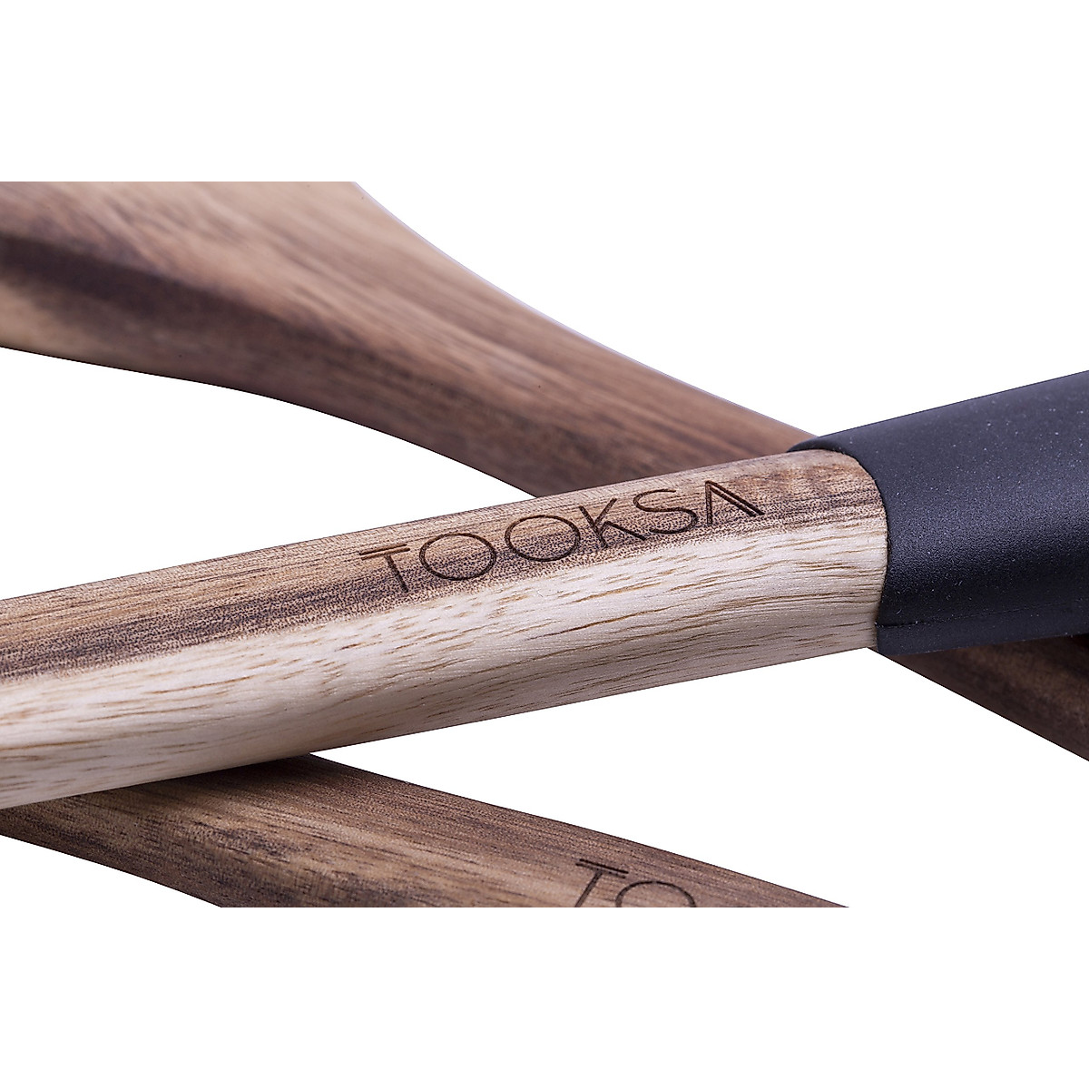 TOOKSA- Premium 5 Piece Acacia Multi-Toned Light and Dark Wooden Spoon, Turner and Spatula Utensil Set with Silicone, Rubber, Non-Slip Handles (Black)