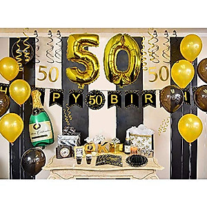 Rainmae 50th Birthday Party Supplies Tableware Set - Serves 16 Guest-Plates, Cups, Napkin, Knife, Spoon, Fork, Table Cloth, Sparkling Banner for 50 Years Old Party Decoration, 50th Wedding Anniversary