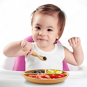 PandaEar 3 Pack Toddler Plates with 3 Spoons, 100% Silicone Divided Suction Plate for Babies, BPA-Free, Dishwasher and Microwave Safe -Baby pink/Light brown/Brick red