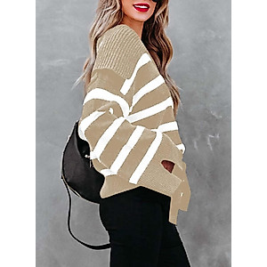 SHEWIN Fall Sweaters for Women Fashion V Neck Long Sleeve Winter Striped Sweater Casual Comfy Lapel Collar Knitted Tops Khaki X-Large