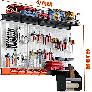 TORACK Pegboard Wall Organizer 4 ft. Garage Metal Pegboard Organizer Utility Tool Storage Kit with Toolboard Hooks Accessories, Wall Mounted Storage Bins, Paper Towel Holder, Overhead Shelf