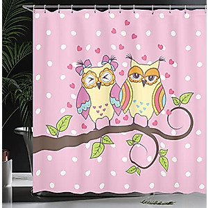 Ambesonne Owls Shower Curtain, Owls in Love on Branch Polkadots Leaves Hearts Romance Theme, Cloth Fabric Bathroom Decor Set with Hooks, 69" W x 70" L, Pale Yellow Apple Green