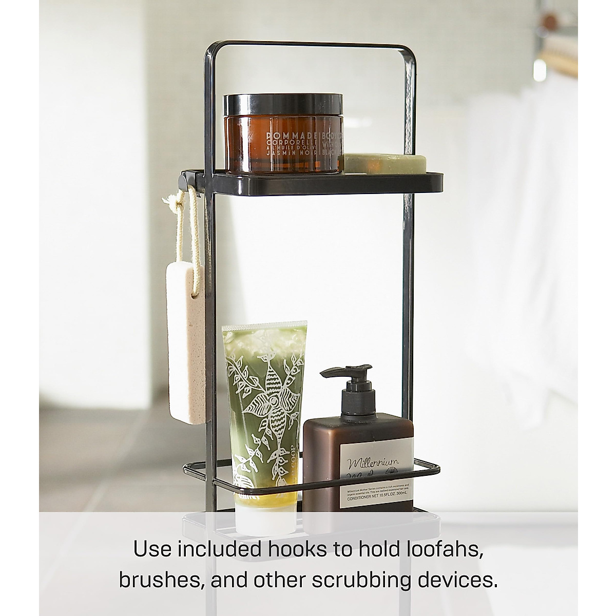 Yamazaki Home Wire Standing Shower Caddy with Bath Shelf Baskets, Steel, Tall, Water Resistant, No Assembly Req.