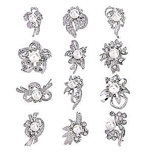 Ezing 12pcs Lot Imitaion Peal Crystal Brooch for Wedding Bouquet (C)