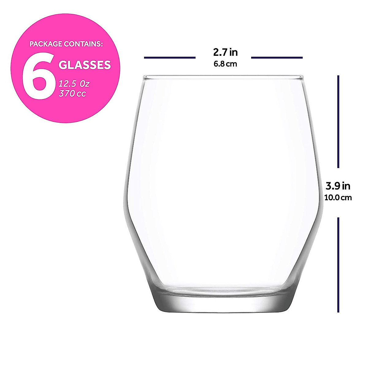 lav Whiskey Glasses 6-Piece, 12.5 Oz Clear Glass Tumblers Set for Bourbon & Cognac and Scotch, Dishwasher Safe