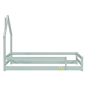 SIYSNKSI Twin Size Platform Bed, Wooden Platform Bed Frame with House-Shaped Headboard, Floor Bed with Fences for Kids Boys Girls Bedroom, Easy Assembly (Light Green + Pine 04)
