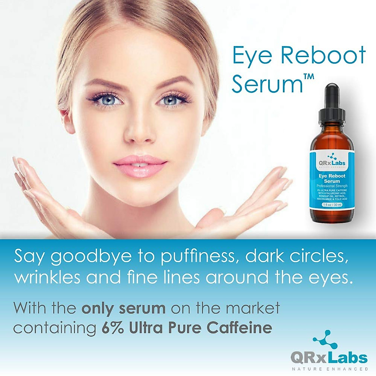 Eye Reboot Serum with 6% Caffeine, Hyaluronic Acid, Rosehip Oil, Retinol, Niacinamide & Folic Acid - Reduces Puffiness, Dark Circles, Crow Feet, Wrinkles and Fine Lines Around The Eyes - 1 oz / 30 ml