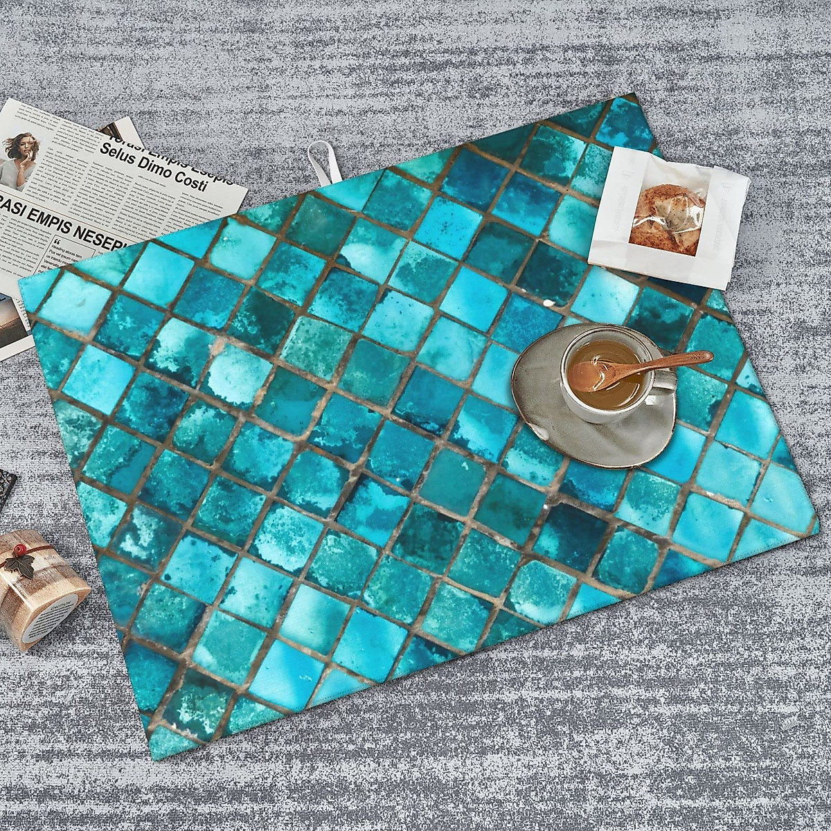 Teery-YY Dish Drying Mat Turquoise Blue Pattern Microfiber Absorbent Reversible Kitchenware Mat for Kitchen Counter Decor - Large 18 x 24 Inch