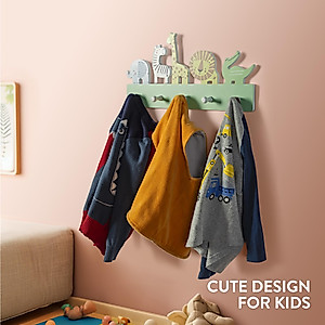 Navaris Kids Coat Hooks Rack - Wooden Hanger Rail with 5 Pegs - Wall Mounted Children's Coat Rack with 5 Hooks - Cute Animals Design