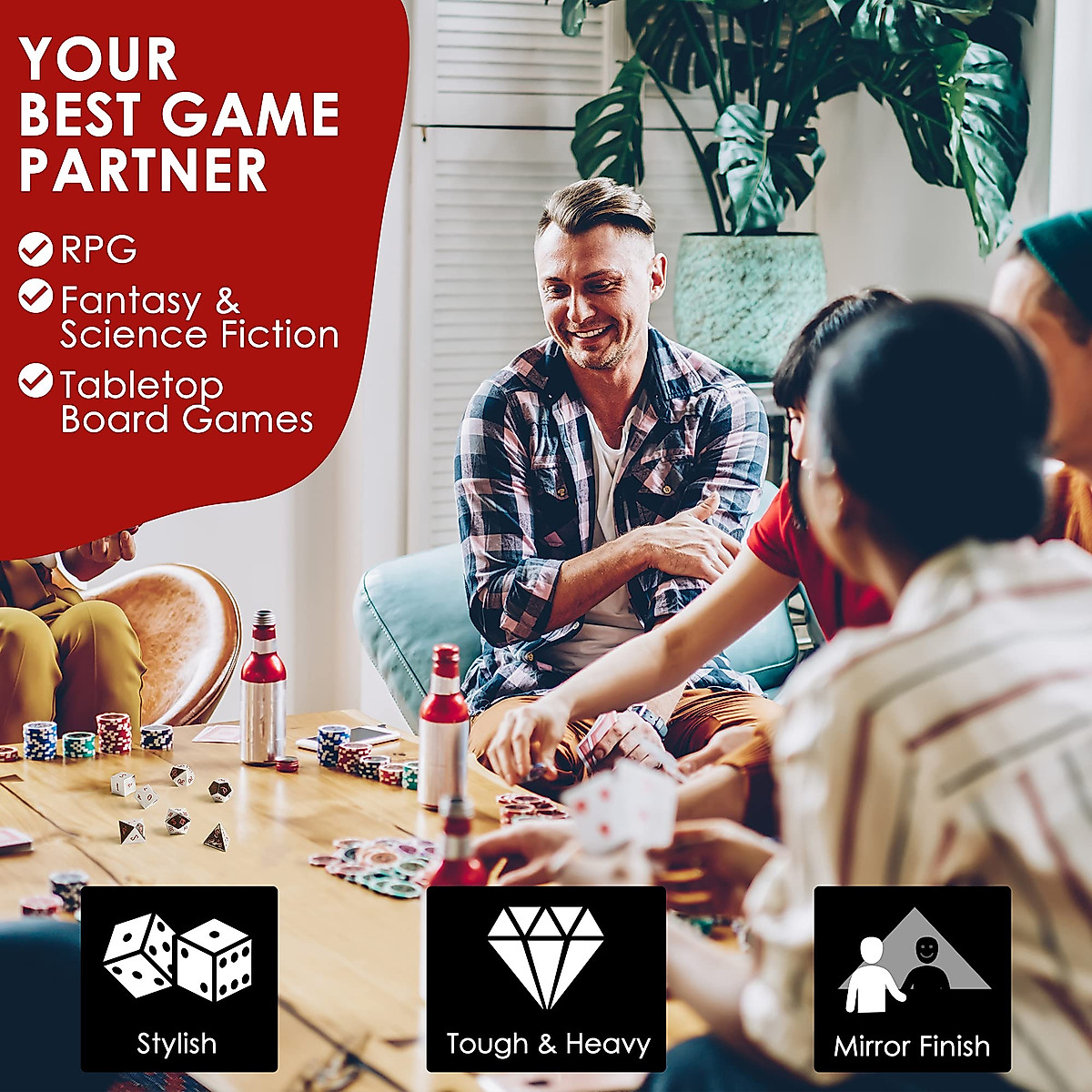 Metal Polyhedral DND Dice Set (7 Game Dice Plus Custom Tin Case) Dire Wolf Dice Gift Set for Role Playing RPG Like Dungeons and Dragons D&D, Pathfinder, Magic The Gathering MTG Games… (Silver & Red)…