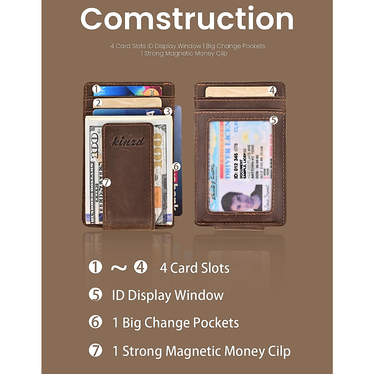 kinzd Money Clip, Front Pocket Wallet, Leather RFID Blocking Strong Magnet thin Wallet (Crazy Horse dark brown)