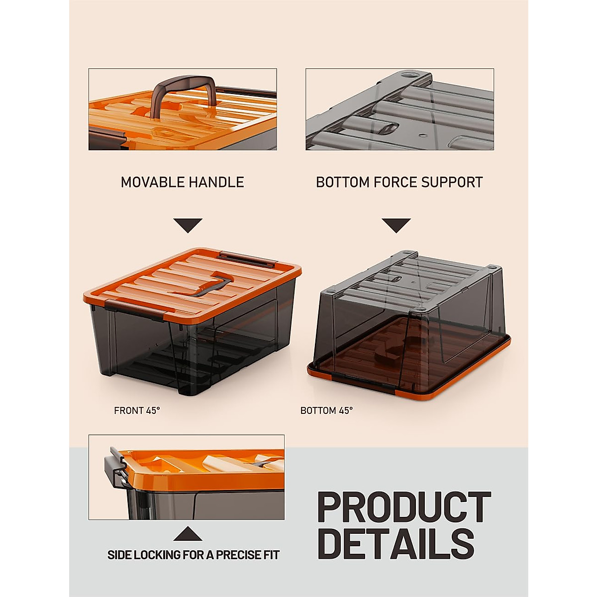 WYT 5-Quart Small Storage Container Bin with Orange Secure Lid and Black Clear Latch Buckles, Durable Plastic Stackable Nestable Organizin, 6-Pack